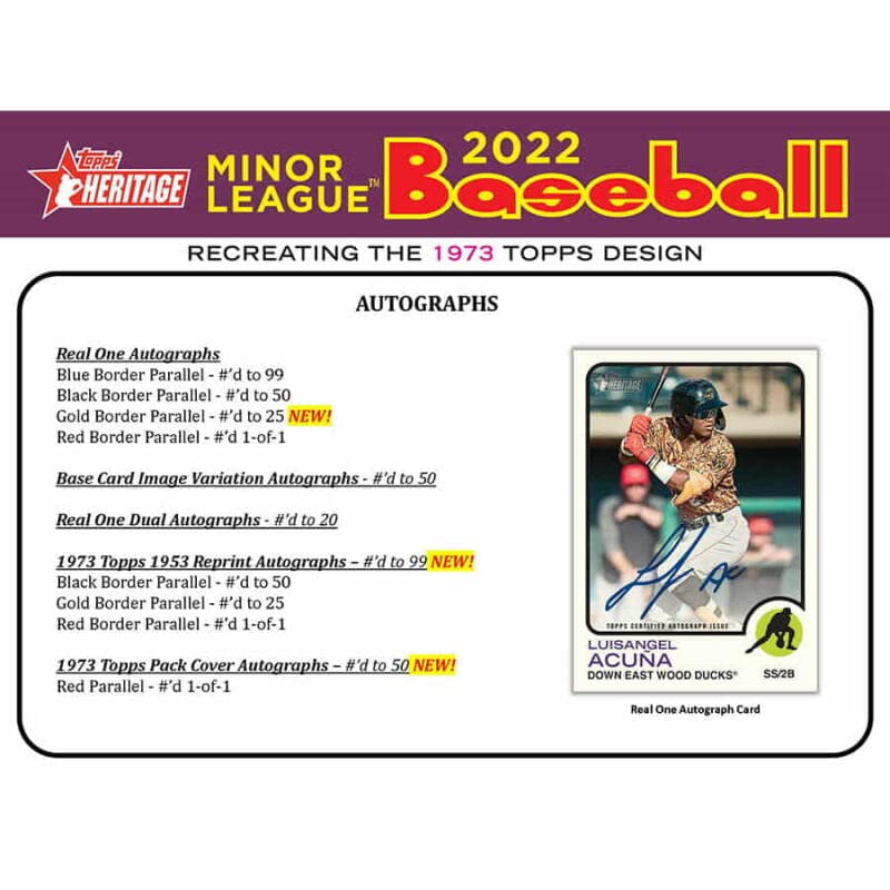 2022 Topps Heritage Minor League Baseball Hobby Box (18 Packs/8 Cards: 2 Autos)