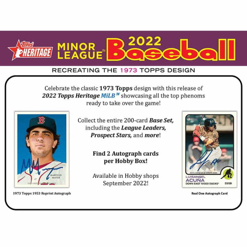 2022 Topps Heritage Minor League Baseball Hobby Box (18 Packs/8 Cards: 2 Autos)