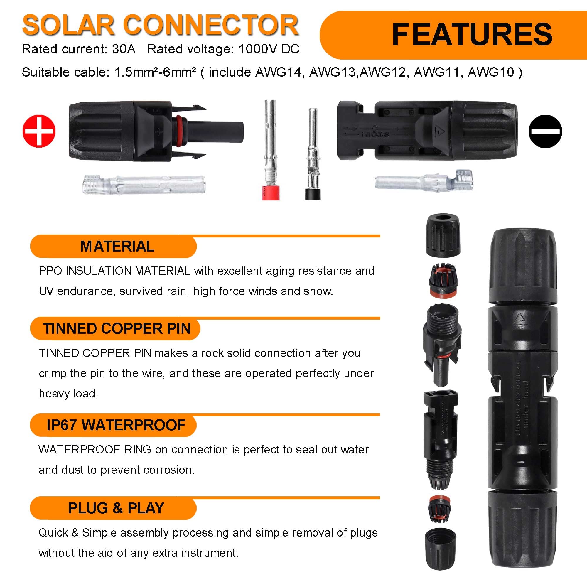 ALAMSCN 47PCS Solar Crimping Tool Kit for Solar Panel Cable Wire, Solar Crimper + Male Female Solar Connector + Spanners Wrench + PV Cable Clips for 2.5/4/6mm² Solar Wiring