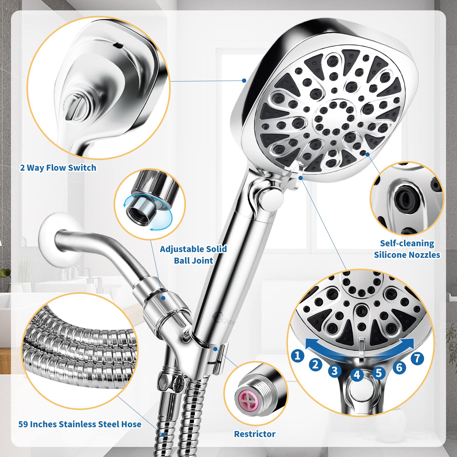 BQYPOWER High Pressure Shower Head with Handheld, 10-mode Handheld Shower Head, Detachable Showerhead Built-in Power Wash to Clean Tub, Tile & Pets, 5Ft Stainless Steel Hose and Adjustable Bracket