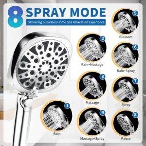 BQYPOWER High Pressure Shower Head with Handheld, 10-mode Handheld Shower Head, Detachable Showerhead Built-in Power Wash to Clean Tub, Tile & Pets, 5Ft Stainless Steel Hose and Adjustable Bracket