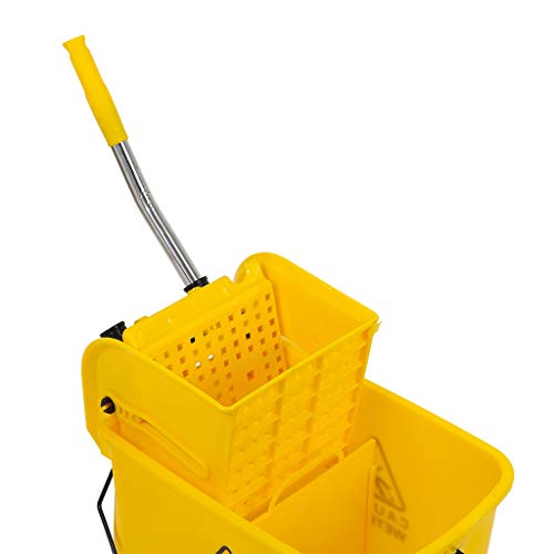 Commercial Mop Bucket on Wheels, 5.28 Gallon Side Press Wringer Combo Commercial Home Cleaning Cart with Wringer, All-in-One Tandem Mopping Bucket, Yellow