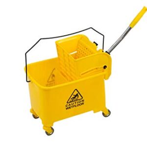 Commercial Mop Bucket on Wheels, 5.28 Gallon Side Press Wringer Combo Commercial Home Cleaning Cart with Wringer, All-in-One Tandem Mopping Bucket, Yellow