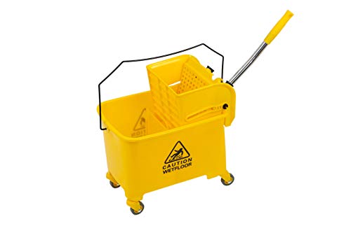 Commercial Mop Bucket on Wheels, 5.28 Gallon Side Press Wringer Combo Commercial Home Cleaning Cart with Wringer, All-in-One Tandem Mopping Bucket, Yellow