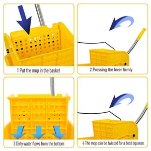 Commercial Mop Bucket on Wheels, 5.28 Gallon Side Press Wringer Combo Commercial Home Cleaning Cart with Wringer, All-in-One Tandem Mopping Bucket, Yellow