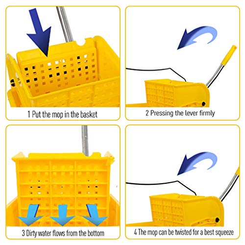 Commercial Mop Bucket on Wheels, 5.28 Gallon Side Press Wringer Combo Commercial Home Cleaning Cart with Wringer, All-in-One Tandem Mopping Bucket, Yellow