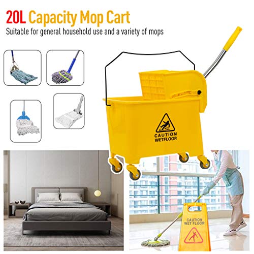 Commercial Mop Bucket on Wheels, 5.28 Gallon Side Press Wringer Combo Commercial Home Cleaning Cart with Wringer, All-in-One Tandem Mopping Bucket, Yellow