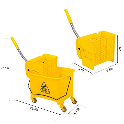 Commercial Mop Bucket on Wheels, 5.28 Gallon Side Press Wringer Combo Commercial Home Cleaning Cart with Wringer, All-in-One Tandem Mopping Bucket, Yellow