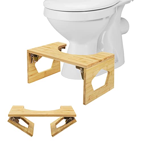 Squatting Toilet Stool, Bamboo 8 Inch Toilet Potty Stool, Foldable Bathroom Poop Stool with Non-Slip Mat for Adults Children