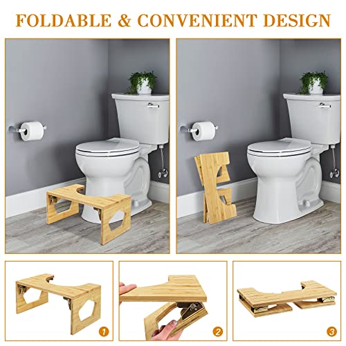 Squatting Toilet Stool, Bamboo 8 Inch Toilet Potty Stool, Foldable Bathroom Poop Stool with Non-Slip Mat for Adults Children