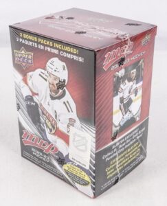 2022-23 nhl upper deck mvp hockey factory sealed blaster box 90 cards 15 packs of 6 cards per pack. produced by upper deck. look for gold script parallels and rookies