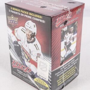 2022-23 NHL UPPER DECK MVP Hockey Factory Sealed Blaster Box 90 Cards 15 Packs of 6 Cards per Pack. Produced by Upper Deck. Look for Gold Script Parallels and Rookies