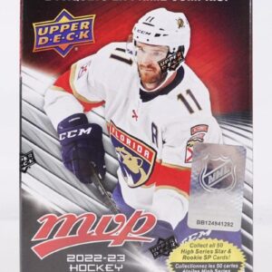 2022-23 NHL UPPER DECK MVP Hockey Factory Sealed Blaster Box 90 Cards 15 Packs of 6 Cards per Pack. Produced by Upper Deck. Look for Gold Script Parallels and Rookies