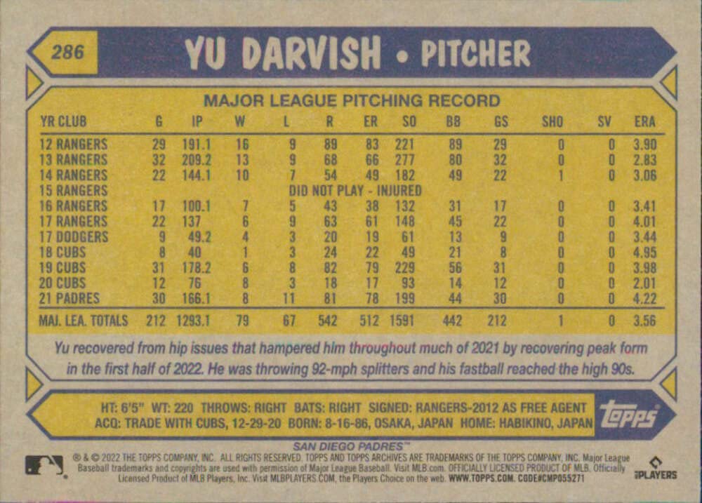 2022 Topps Archives #286 Yu Darvish 1987 Topps NM-MT San Diego Padres Baseball