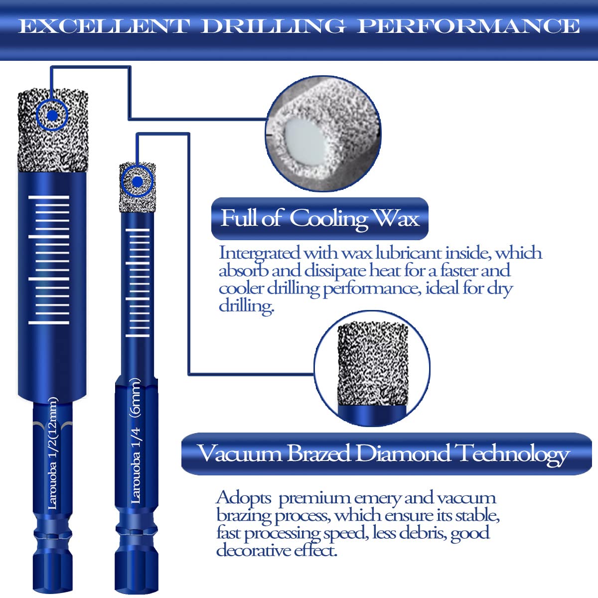 Larouoba 6pcDiamond Drill Bit, Masonry Drill Bits Set for Porcelain Tile Ceramic Stone Granite Marble Hex Shank Diamond Hole Saw Drill Bit with Size 3/16” to 9/16” (Blue)