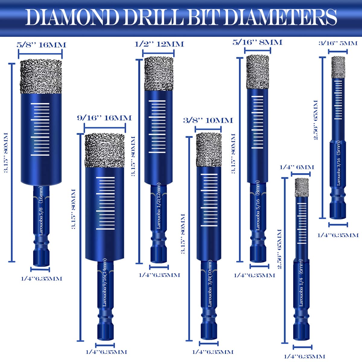 Larouoba 6pcDiamond Drill Bit, Masonry Drill Bits Set for Porcelain Tile Ceramic Stone Granite Marble Hex Shank Diamond Hole Saw Drill Bit with Size 3/16” to 9/16” (Blue)