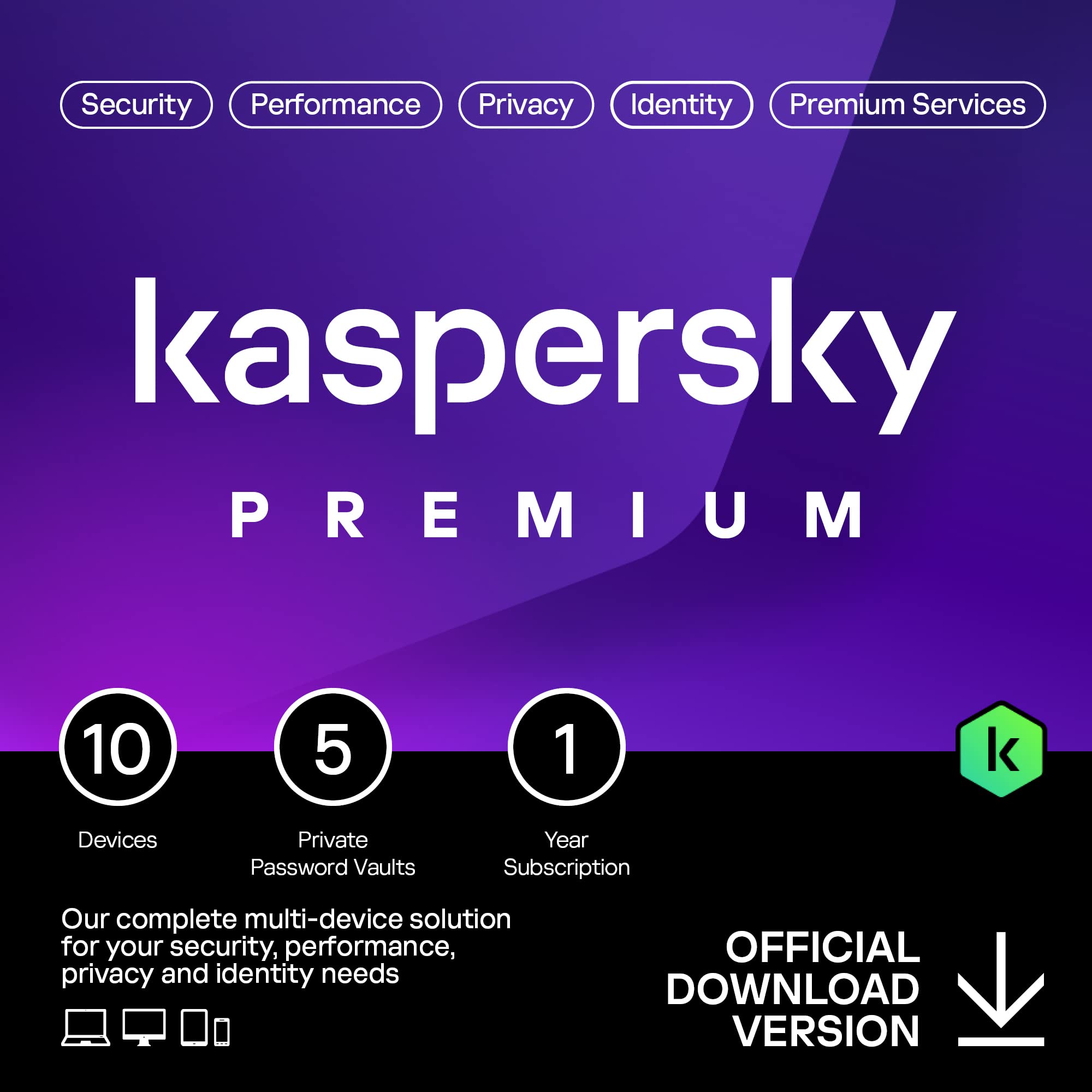 Kaspersky Premium Total Security 2023 | 10 Devices | 1 Year | Anti-Phishing and Firewall | Unlimited VPN | Password Manager | Parental Controls | 24/7 Support | PC/Mac/Mobile | Online Code