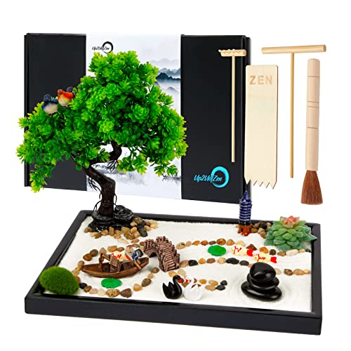 Up2UofZen Authentic Zen Garden Kit, 12x8in Large Solid Wood Sand Tray Therapy Set, 4 Bamboo Tools, 12 Accessories, Home & Office Desktop Meditation Decor, Unique Relaxation Gifts for Women Man Friends