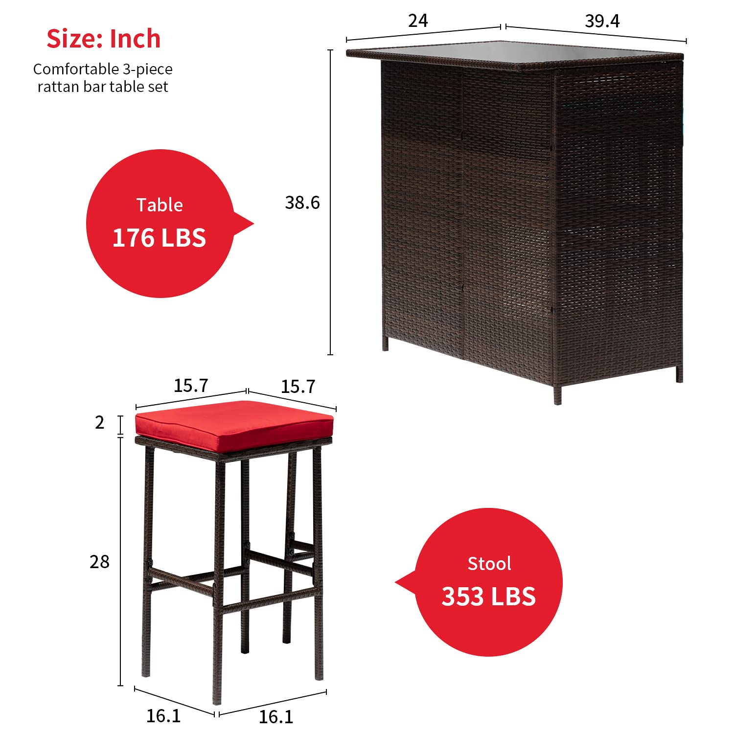 FDW Outdoor Furniture Set Wicker Bistro Set 3PCS Patio Bar Set with Two Stools for Patio Backyard Balcony,Red Cushion