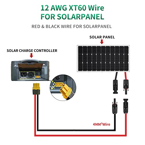 TOPMATTY XT60 Connector Solarpanel Cable,Solar Charge Cable with XT60 Adapter,12AWG 4MM² Solar Panel Cable for Portable Power Station