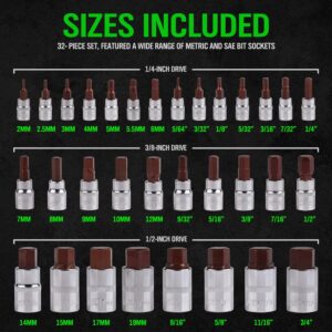 SWANLAKE 32 Piece Hex Bit Socket Set,SAE and Metric, 1/4'', 3/8', 1/2'' Drive Socket Set, S2 & Cr-V Steel