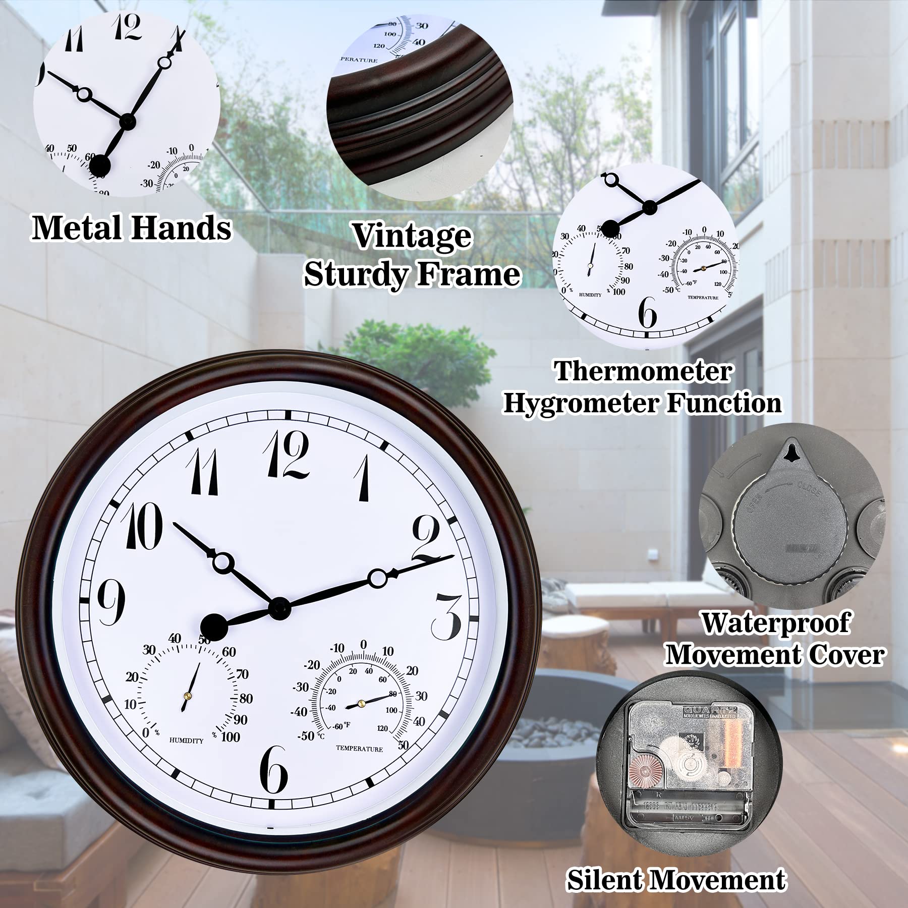 15 Inch Indoor/Outdoor Waterproof Wall Clock, Outdoor Clock with Thermometer and Hygrometer Combo, Retro Round Silent Battery Operated Quartz Wall Clock for Patio Home Bathroom Porch Pool (Brown)