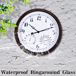 15 Inch Indoor/Outdoor Waterproof Wall Clock, Outdoor Clock with Thermometer and Hygrometer Combo, Retro Round Silent Battery Operated Quartz Wall Clock for Patio Home Bathroom Porch Pool (Brown)