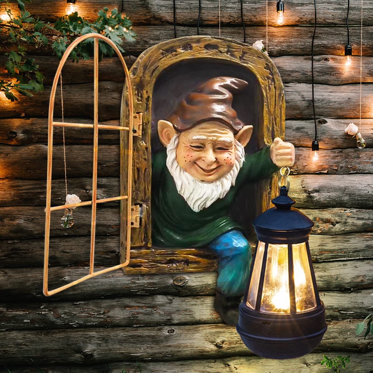 REYISO Whimsical Fairy Garden Gnomes with Solar Lights-10 Elf Out The Door Tree Hugger Garden Statues-Outdoor&Yard Decor-Tree Face Sculpture,Ideal Gnome Gifts - Yard Art for Patio,Fence,Wall