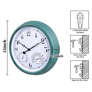 15 Inch Indoor/Outdoor Waterproof Wall Clock, Outdoor Clock with Thermometer and Hygrometer Combo, Retro Round Silent Battery Operated Quartz Wall Clock for Patio Home Bathroom Porch Pool (Green)