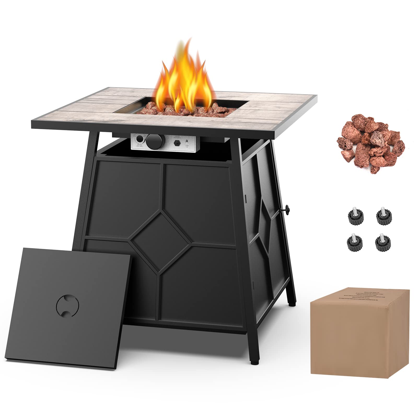 OTSUN 28'' Propane Fire Pit Table for Patio Outdoor, 40000BTU Gas Fire Table with Weather Cover, Lid, and Volcanic Rock, Pulse Ignition System, Stainless Steel