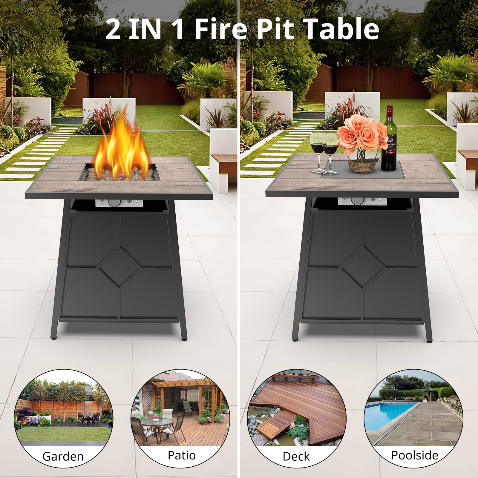 OTSUN 28'' Propane Fire Pit Table for Patio Outdoor, 40000BTU Gas Fire Table with Weather Cover, Lid, and Volcanic Rock, Pulse Ignition System, Stainless Steel