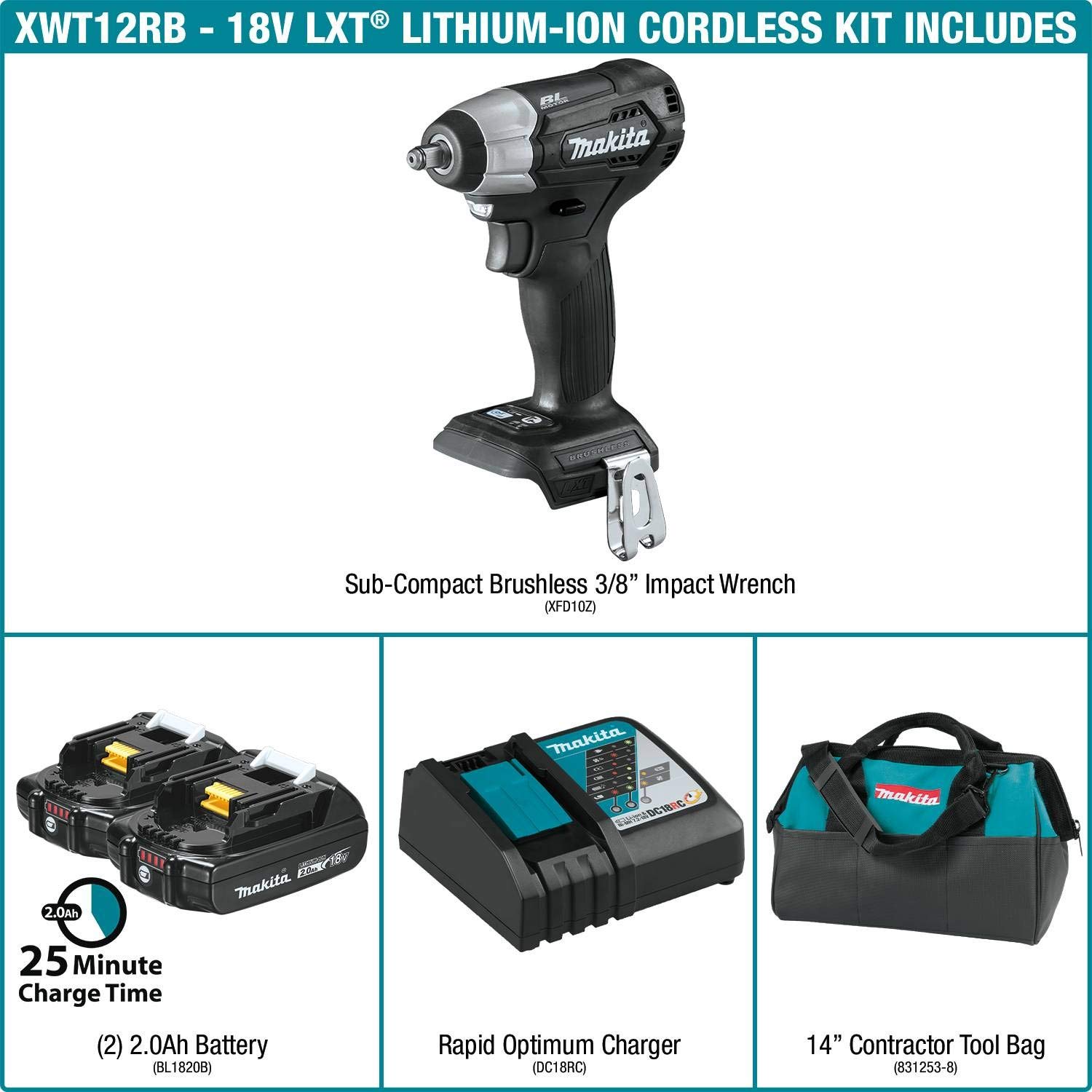 Makita XWT12RB 18V LXT Lithium-Ion Sub-Compact Brushless Cordless 3/8" Sq. Drive Impact Wrench Kit (2.0Ah) with additional BL1820B 18V LXT Lithium-Ion Compact 2.0Ah Battery