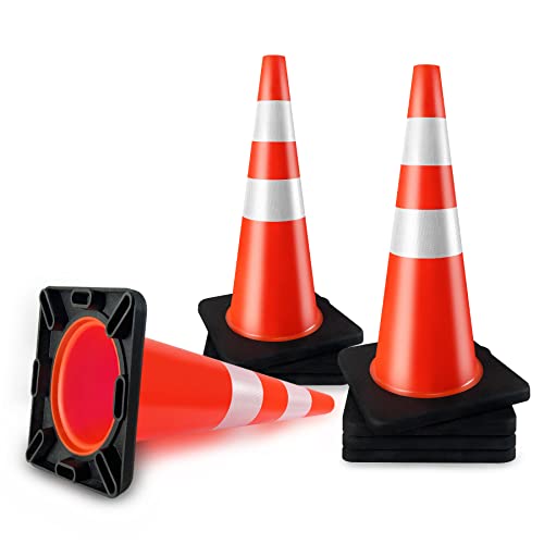 Traffic Cones 28 inch PVC Orange 8 Pack Heavy Duty Black Base Construction with Reflective Collars Fit Parking Lot,Driveway Road Traffic Control Safety Cones