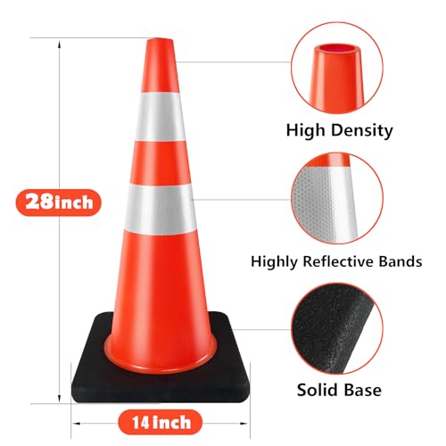 Traffic Cones 28 inch PVC Orange 8 Pack Heavy Duty Black Base Construction with Reflective Collars Fit Parking Lot,Driveway Road Traffic Control Safety Cones