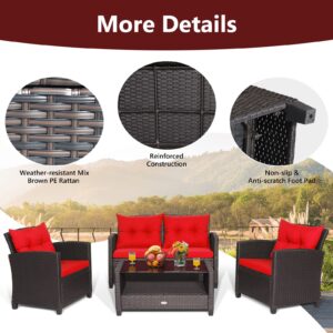 Tangkula 4-Piece Patio Furniture Set, Rattan Wicker Chair Set with 1 Loveseat, 2 Single Sofas, 1 Coffee Table with Tempered Glass Top, Outdoor Furniture Sets for Backyard, Porch, Garden and Poolside