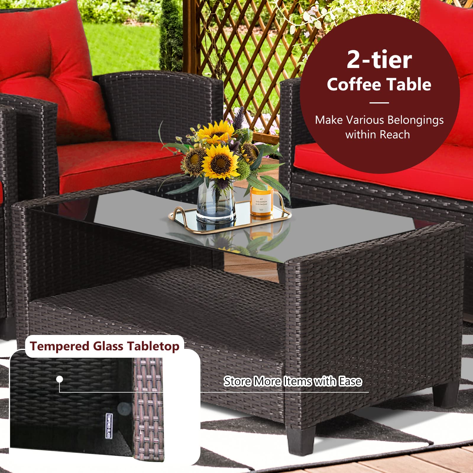 Tangkula 4-Piece Patio Furniture Set, Rattan Wicker Chair Set with 1 Loveseat, 2 Single Sofas, 1 Coffee Table with Tempered Glass Top, Outdoor Furniture Sets for Backyard, Porch, Garden and Poolside