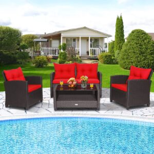 Tangkula 4-Piece Patio Furniture Set, Rattan Wicker Chair Set with 1 Loveseat, 2 Single Sofas, 1 Coffee Table with Tempered Glass Top, Outdoor Furniture Sets for Backyard, Porch, Garden and Poolside