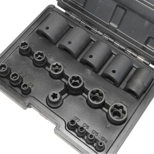 external torx plus socket set 6 point ep socket ep4, ep5, ep6, ep7, ep8, ep10, ep11, ep12, ep14, ep16, ep18, ep20, ep22, ep24, ep26, ep28, ep30, ep32 with 1/2'' 3/8'' 1/4'' dr e-torx plus socket 19pc