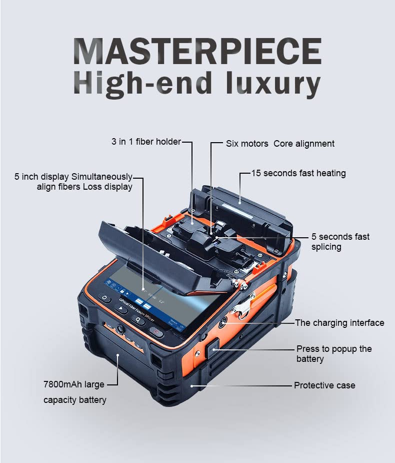 Optical Fiber Fusion Splicer Automatic Multi-Language Intelligent Fiber Optic Welder FTTH Fiber Optic Splicing Machine with 6 Seconds Splicing Time, Fusion Splicer Machine Melting 15 Seconds Heating