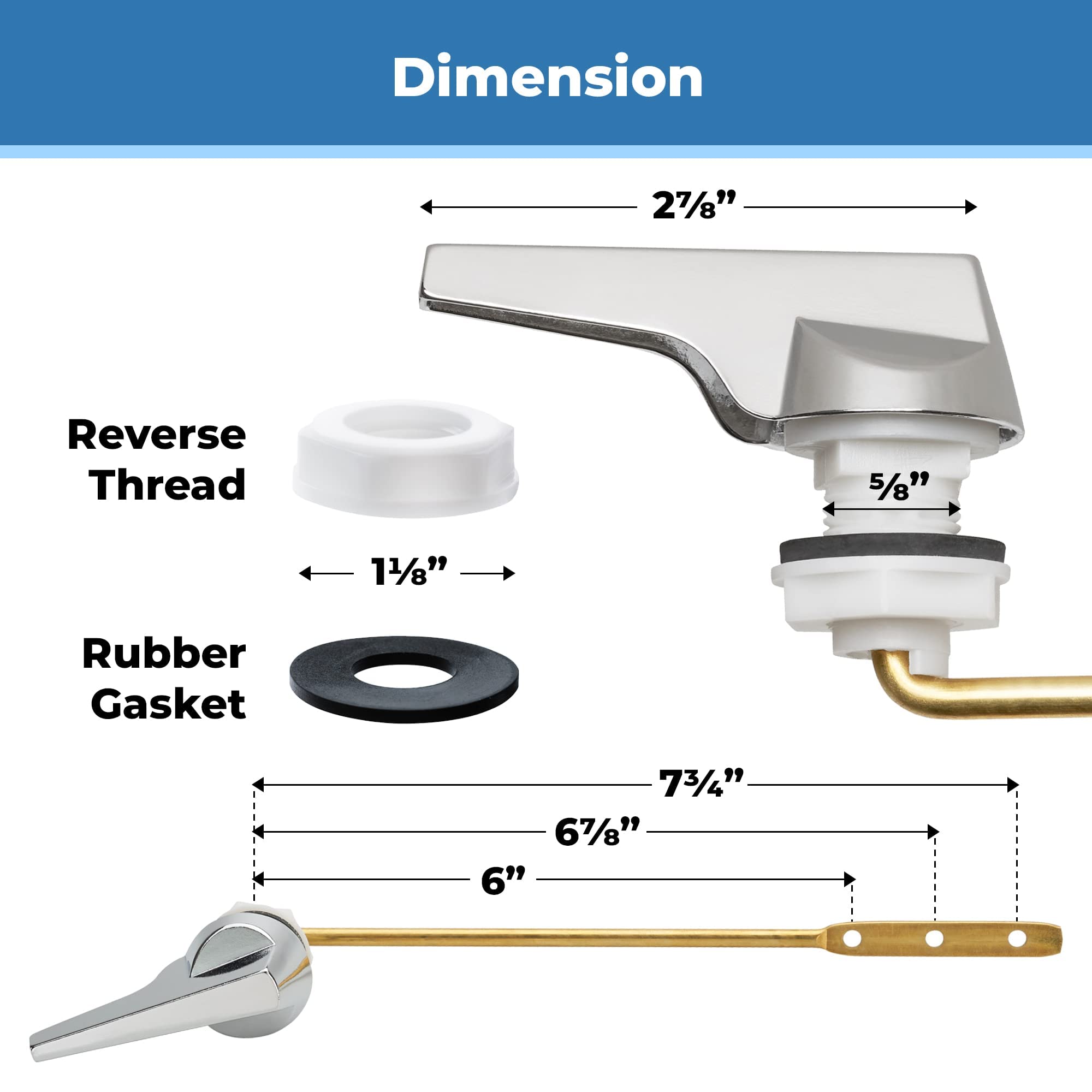 RAVINE Universal Toilet Handle Lever Replacement - Modern Chrome Polished Zinc Handle w/Brass Arm - Front Mount Toilet Flush Lever Compatible w/Most Toilet Tanks - Rubber Gasket Included