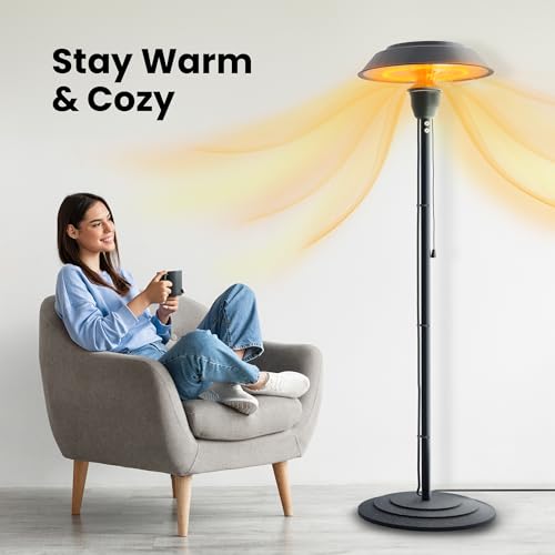 Indoor/Outdoor Infrared Electric Patio Heater - 1500W with Tip-Over Protection and Easy Assembly, Waterproof for Garden, Balcony & Garage Use, Perfect for BBQs and Outdoor Parties! (EPH-BLK)