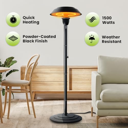 Indoor/Outdoor Infrared Electric Patio Heater - 1500W with Tip-Over Protection and Easy Assembly, Waterproof for Garden, Balcony & Garage Use, Perfect for BBQs and Outdoor Parties! (EPH-BLK)