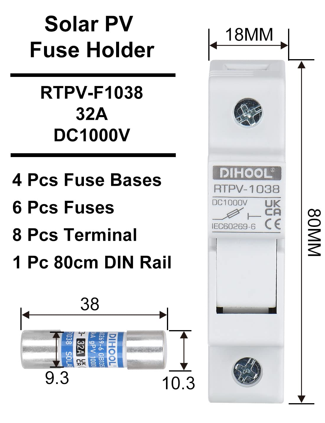 DIHOOL 30 Amp Inline Fuse for Solar Connector, 4pcs Solar fuses Holder, DIN Rail Solar Panel Fuse