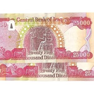 2 x 25,000 New Dinar. Total 50,000 IQD - Authentic Uncirculated 25K Dinars