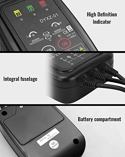 Phase Rotation Meter Non-Contact 3 Phase Motor Rotation Tester AC 70~600V High Magnetic Induction Phase Sequence Detector with 22 Inch Clamp Lead, LED, Carrying Bag Auto Power Off Phase Meter