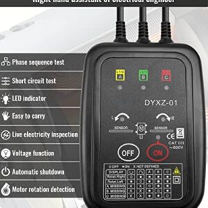 Phase Rotation Meter Non-Contact 3 Phase Motor Rotation Tester AC 70~600V High Magnetic Induction Phase Sequence Detector with 22 Inch Clamp Lead, LED, Carrying Bag Auto Power Off Phase Meter