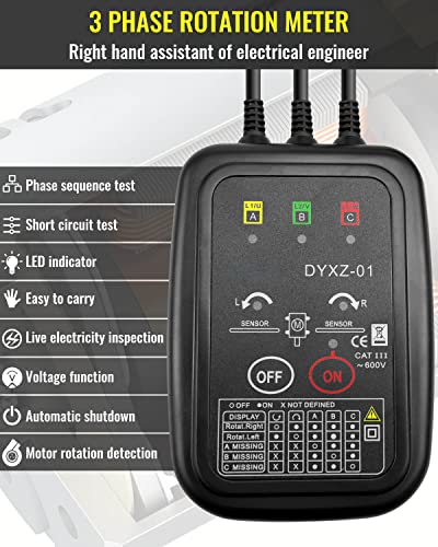 Phase Rotation Meter Non-Contact 3 Phase Motor Rotation Tester AC 70~600V High Magnetic Induction Phase Sequence Detector with 22 Inch Clamp Lead, LED, Carrying Bag Auto Power Off Phase Meter