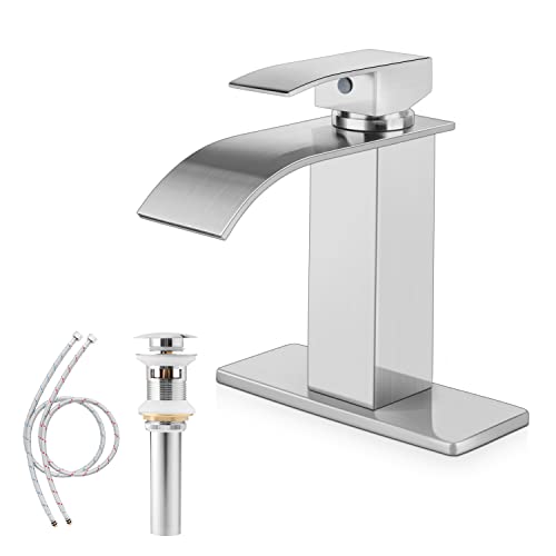 Herogo Bathroom Sink Faucet, Brushed Nickel Waterfall Stainless Steel Bathroom Faucet with Brass Pop Up Drain, Single Handle 1 Hole or 3 Holes Deck Mount Vanity RV Lavatory Faucet with 2 Water Hoses