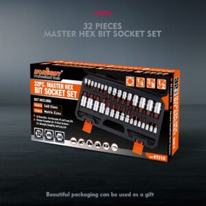 HORUSDY Allen Socket Set | 32-Piece Hex Bit Socket Set | S2 Steel Socket | SAE and Metric | 1/4", 3/8", & 1/2" Drives