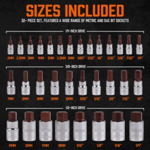 HORUSDY Allen Socket Set | 32-Piece Hex Bit Socket Set | S2 Steel Socket | SAE and Metric | 1/4", 3/8", & 1/2" Drives